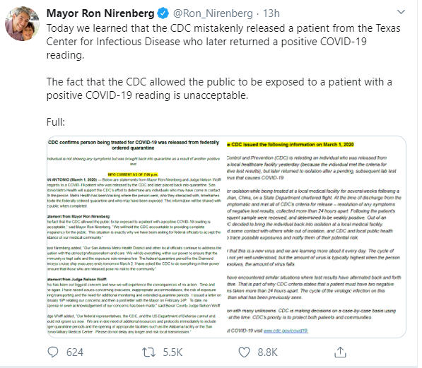 CDC Mistakenly Released COVID-19 Patient in Texas